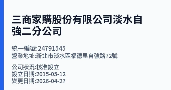 三商家購股份有限公司淡水自強二分公司的照片-統編 24791545(新北市) 公司登記資料與營業項目詳細圖表