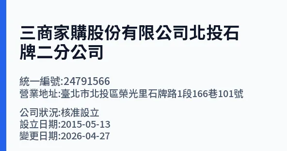 三商家購股份有限公司北投石牌二分公司的照片-統編 24791566(臺北市) 公司登記資料與營業項目詳細圖表