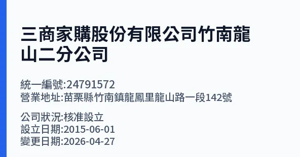 三商家購股份有限公司竹南龍山二分公司的照片-統編 24791572(苗栗縣) 公司登記資料與營業項目詳細圖表