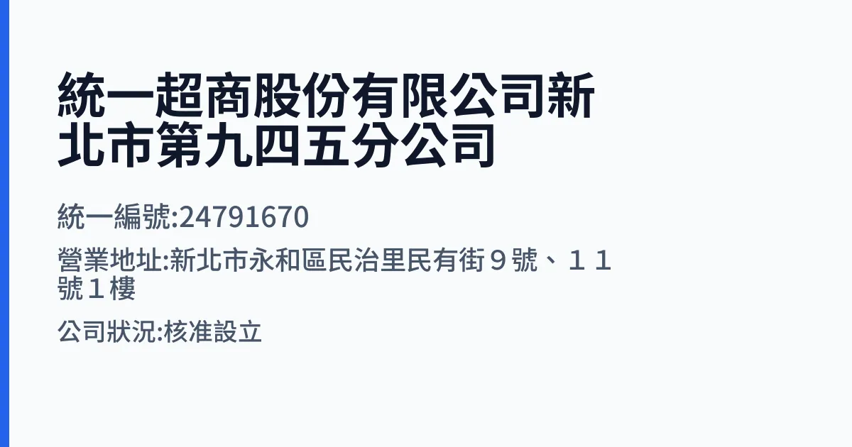 統一超商股份有限公司新北市第九四五分公司 - 統編 24791670(新北市) 公司登記資料與營業項目詳細圖表