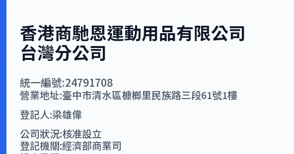 香港商馳恩運動用品有限公司台灣分公司的照片-統編 24791708(臺中市) 公司登記資料與營業項目詳細圖表