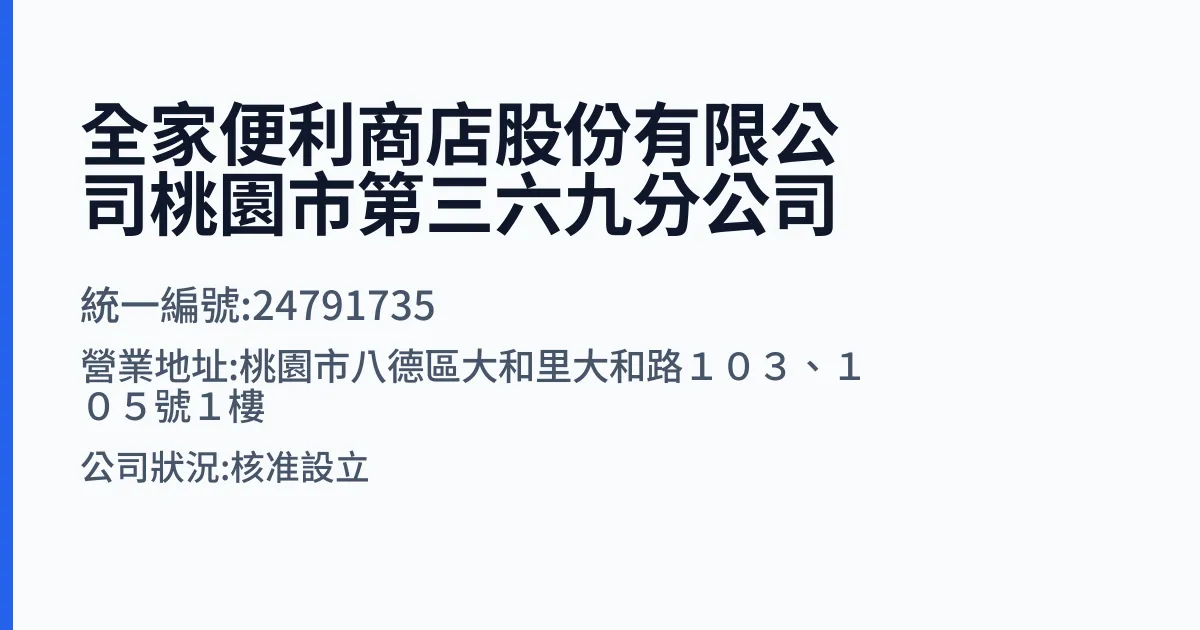 全家便利商店股份有限公司桃園市第三六九分公司 - 統編 24791735(桃園市) 公司登記資料與營業項目詳細圖表