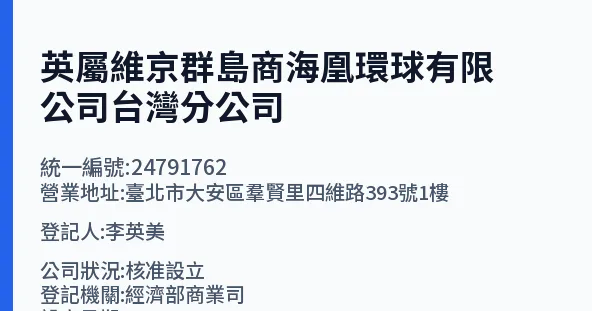 英屬維京群島商海凰環球有限公司台灣分公司的照片-統編 24791762(臺北市) 公司登記資料與營業項目詳細圖表