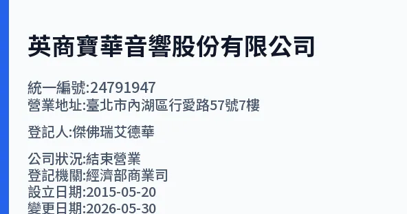 英商寶華音響股份有限公司的照片-統編 24791947(臺北市) 公司登記資料與營業項目詳細圖表