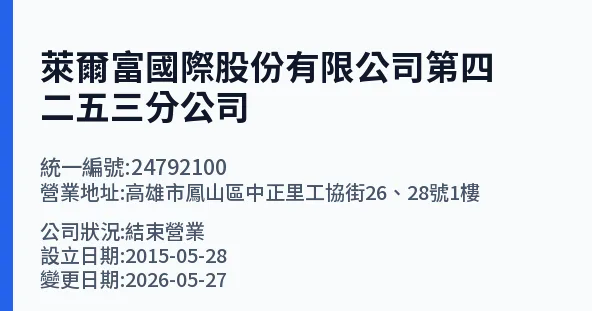萊爾富國際股份有限公司第四二五三分公司的照片-統編 24792100(高雄市) 公司登記資料與營業項目詳細圖表