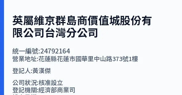 英屬維京群島商價值城股份有限公司台灣分公司的照片-統編 24792164(花蓮縣) 公司登記資料與營業項目詳細圖表