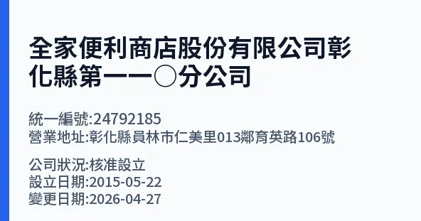 全家便利商店股份有限公司彰化縣第一一○分公司的照片-統編 24792185(彰化縣) 公司登記資料與營業項目詳細圖表