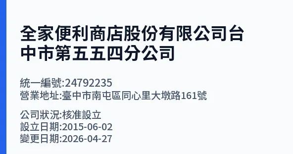 全家便利商店股份有限公司台中市第五五四分公司的照片-統編 24792235(臺中市) 公司登記資料與營業項目詳細圖表