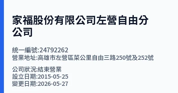家福股份有限公司左營自由分公司的照片-統編 24792262(高雄市) 公司登記資料與營業項目詳細圖表
