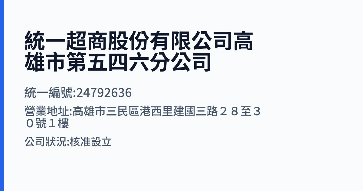 統一超商股份有限公司高雄市第五四六分公司 - 統編 24792636(高雄市) 公司登記資料與營業項目詳細圖表