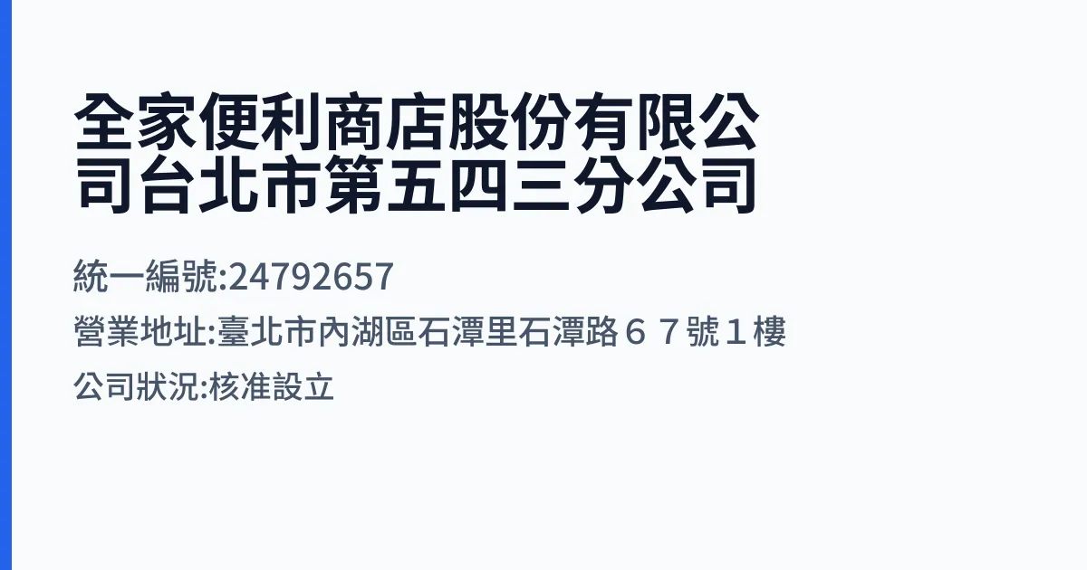 全家便利商店股份有限公司台北市第五四三分公司 - 統編 24792657(臺北市) 公司登記資料與營業項目詳細圖表
