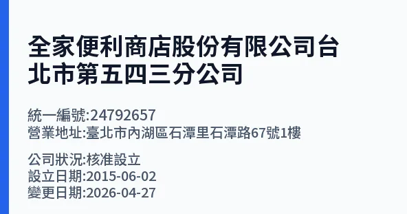全家便利商店股份有限公司台北市第五四三分公司的照片-統編 24792657(臺北市) 公司登記資料與營業項目詳細圖表