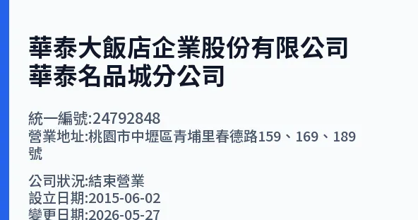 華泰大飯店企業股份有限公司華泰名品城分公司的照片-統編 24792848(桃園市) 公司登記資料與營業項目詳細圖表