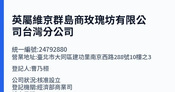 英屬維京群島商玫瑰坊有限公司台灣分公司的照片-統編 24792880(臺北市) 公司登記資料與營業項目詳細圖表