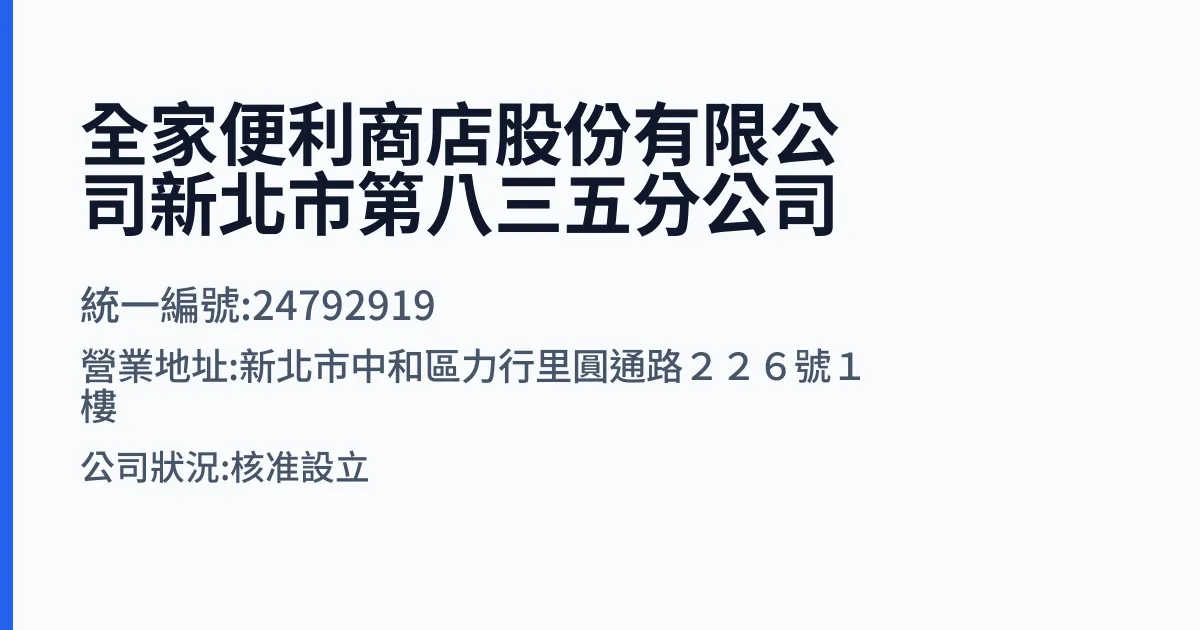 全家便利商店股份有限公司新北市第八三五分公司 - 統編 24792919(新北市) 公司登記資料與營業項目詳細圖表