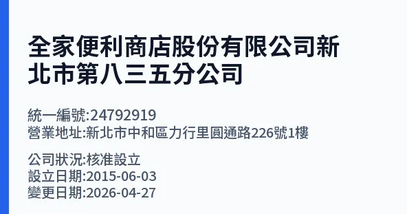 全家便利商店股份有限公司新北市第八三五分公司的照片-統編 24792919(新北市) 公司登記資料與營業項目詳細圖表