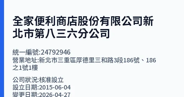 全家便利商店股份有限公司新北市第八三六分公司的照片-統編 24792946(新北市) 公司登記資料與營業項目詳細圖表