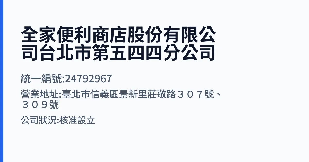 全家便利商店股份有限公司台北市第五四四分公司 - 統編 24792967(臺北市) 公司登記資料與營業項目詳細圖表