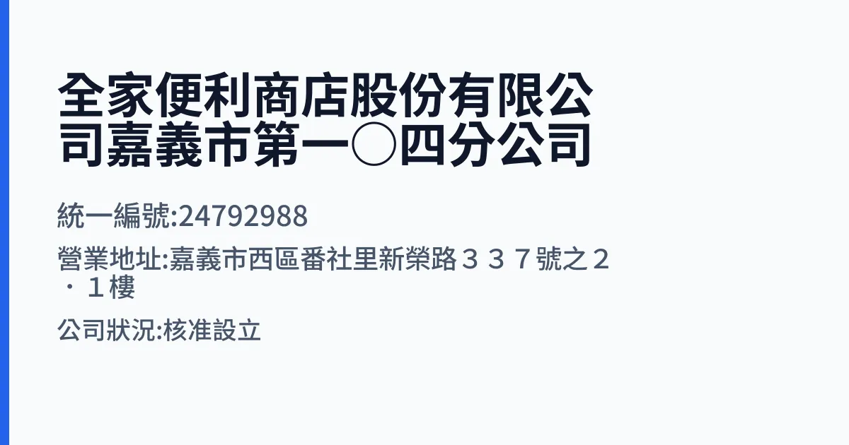 全家便利商店股份有限公司嘉義市第一○四分公司 - 統編 24792988(嘉義市) 公司登記資料與營業項目詳細圖表