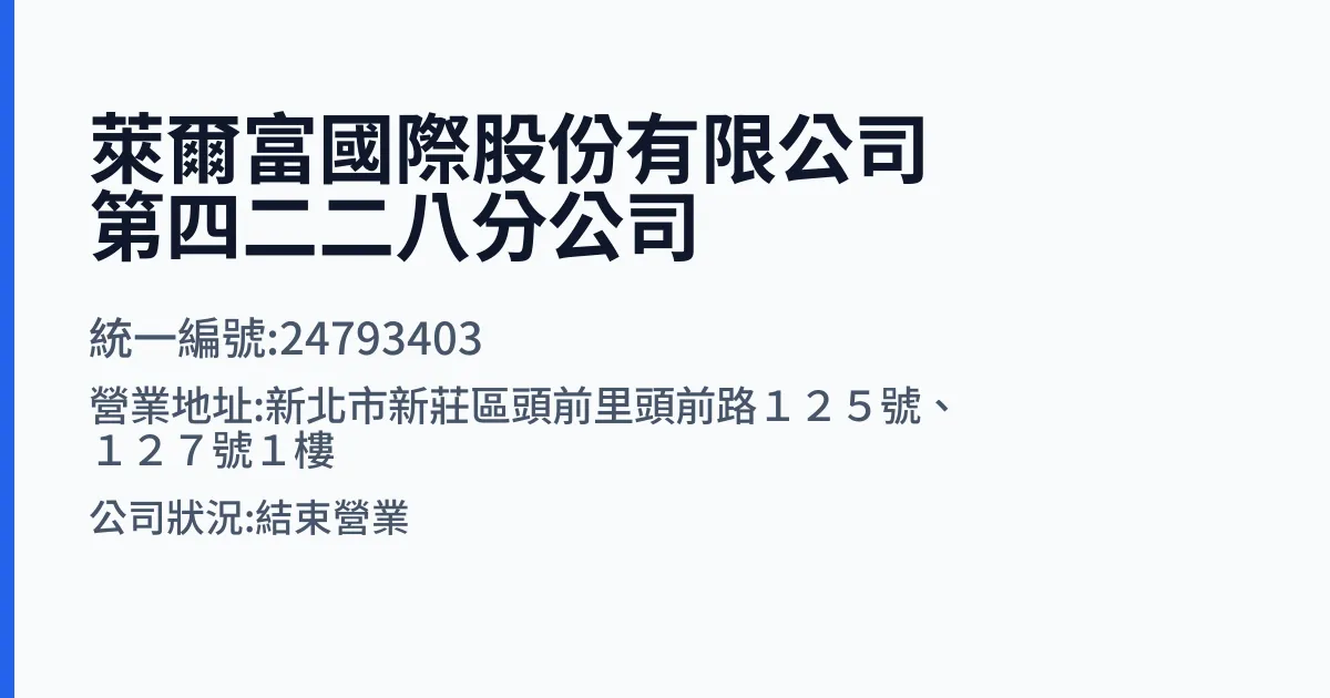 萊爾富國際股份有限公司第四二二八分公司 - 統編 24793403(新北市) 公司登記資料與營業項目詳細圖表