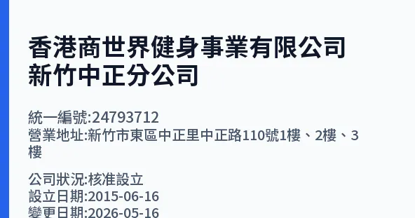 香港商世界健身事業有限公司新竹中正分公司的照片-統編 24793712(新竹市) 公司登記資料與營業項目詳細圖表