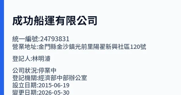 成功船運有限公司的照片-統編 24793831(金門縣) 公司登記資料與營業項目詳細圖表