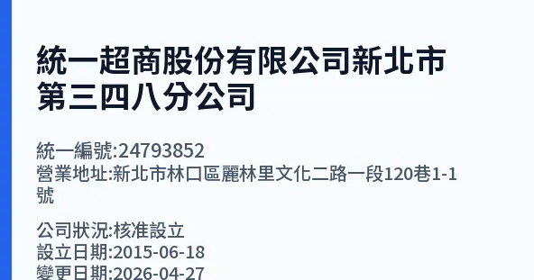統一超商股份有限公司新北市第三四八分公司的照片-統編 24793852(新北市) 公司登記資料與營業項目詳細圖表