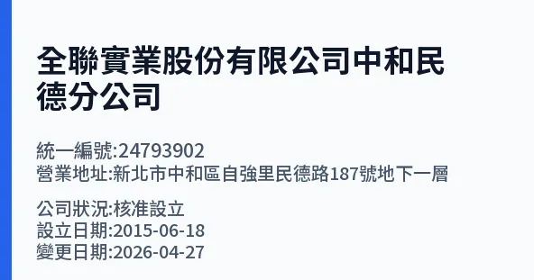 全聯實業股份有限公司中和民德分公司的照片-統編 24793902(新北市) 公司登記資料與營業項目詳細圖表