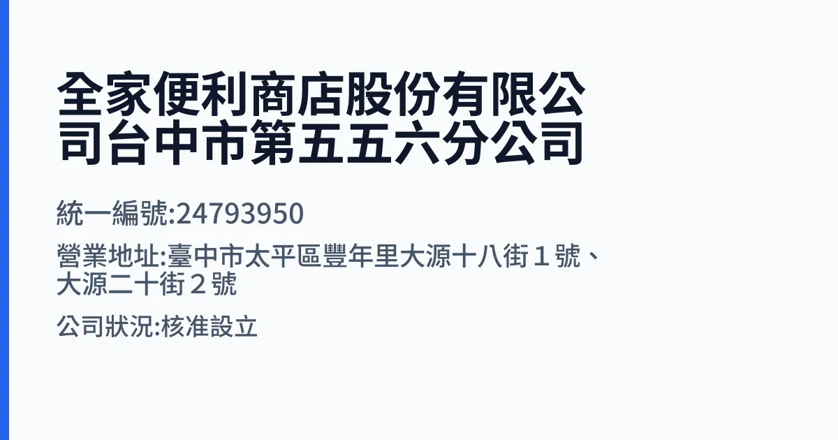 全家便利商店股份有限公司台中市第五五六分公司 - 統編 24793950(臺中市) 公司登記資料與營業項目詳細圖表