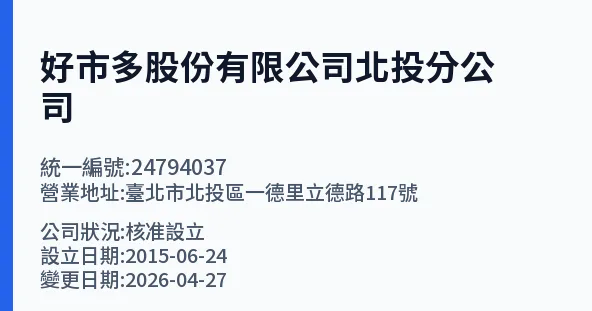 好市多股份有限公司北投分公司的照片-統編 24794037(臺北市) 公司登記資料與營業項目詳細圖表