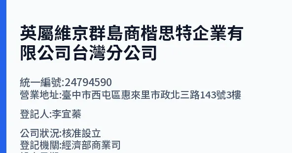 英屬維京群島商楷思特企業有限公司台灣分公司的照片-統編 24794590(臺中市) 公司登記資料與營業項目詳細圖表