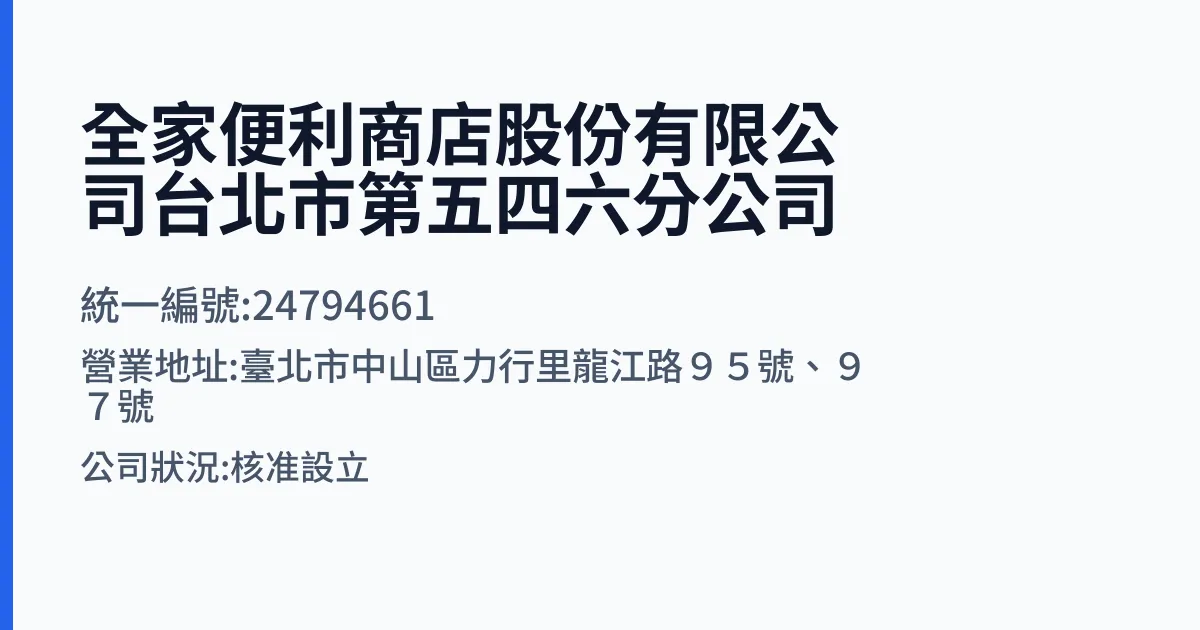 全家便利商店股份有限公司台北市第五四六分公司 - 統編 24794661(臺北市) 公司登記資料與營業項目詳細圖表