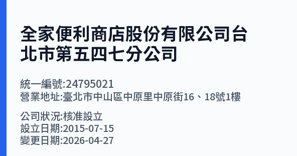 全家便利商店股份有限公司台北市第五四七分公司的照片-統編 24795021(臺北市) 公司登記資料與營業項目詳細圖表
