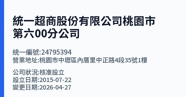 統一超商股份有限公司桃園市第六00分公司的照片-統編 24795394(桃園市) 公司登記資料與營業項目詳細圖表