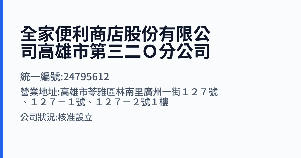 全家便利商店股份有限公司高雄市第三二O分公司 - 統編 24795612(高雄市) 公司登記資料與營業項目詳細圖表