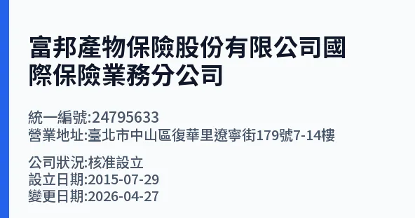富邦產物保險股份有限公司國際保險業務分公司的照片-統編 24795633(臺北市) 公司登記資料與營業項目詳細圖表