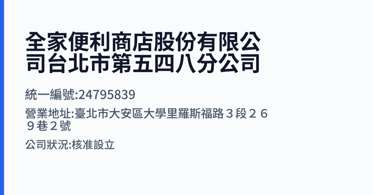 全家便利商店股份有限公司台北市第五四八分公司 - 統編 24795839(臺北市) 公司登記資料與營業項目詳細圖表