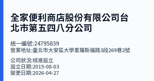 全家便利商店股份有限公司台北市第五四八分公司的照片-統編 24795839(臺北市) 公司登記資料與營業項目詳細圖表