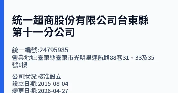 統一超商股份有限公司台東縣第十一分公司的照片-統編 24795985(臺東縣) 公司登記資料與營業項目詳細圖表