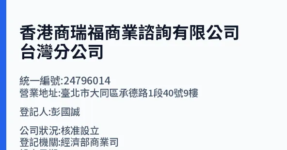 香港商瑞福商業諮詢有限公司台灣分公司的照片-統編 24796014(臺北市) 公司登記資料與營業項目詳細圖表