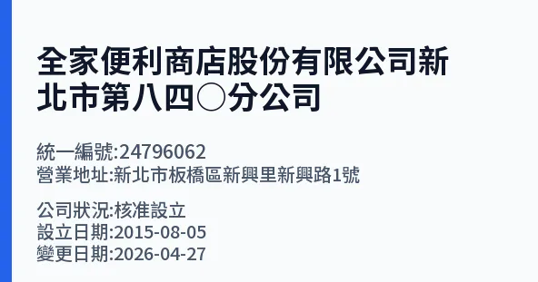 全家便利商店股份有限公司新北市第八四○分公司的照片-統編 24796062(新北市) 公司登記資料與營業項目詳細圖表
