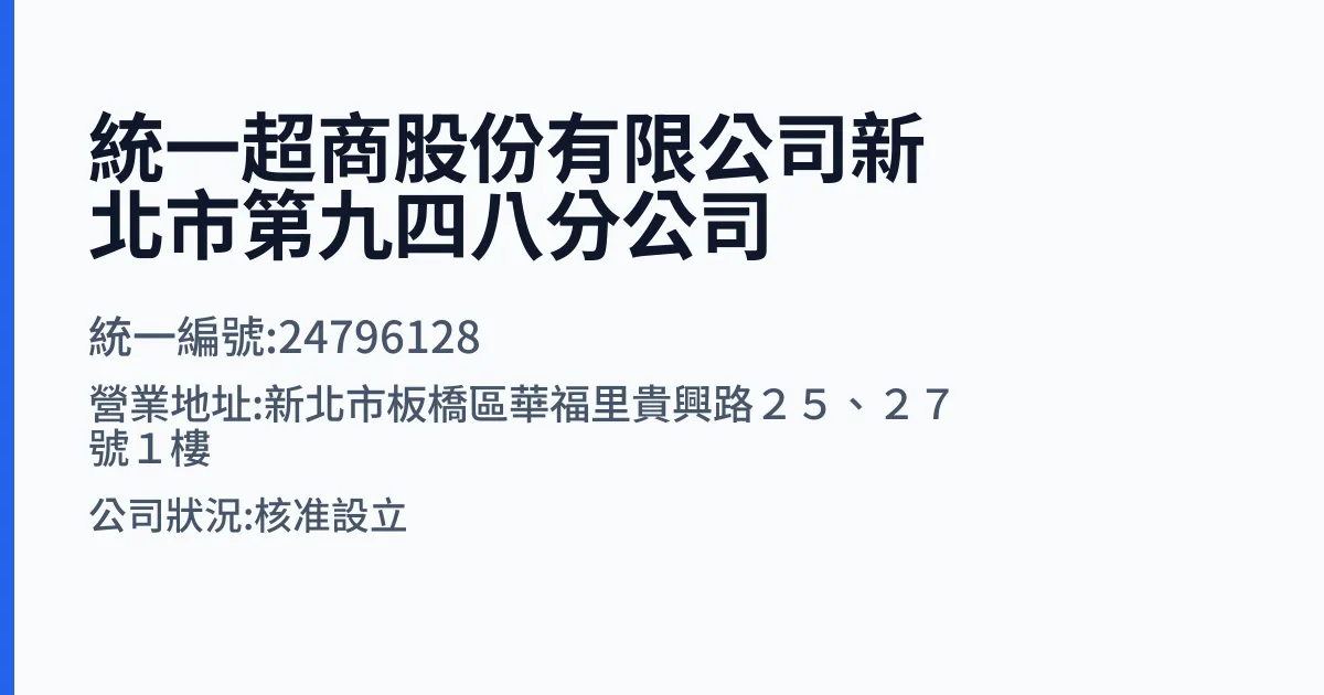 統一超商股份有限公司新北市第九四八分公司 - 統編 24796128(新北市) 公司登記資料與營業項目詳細圖表