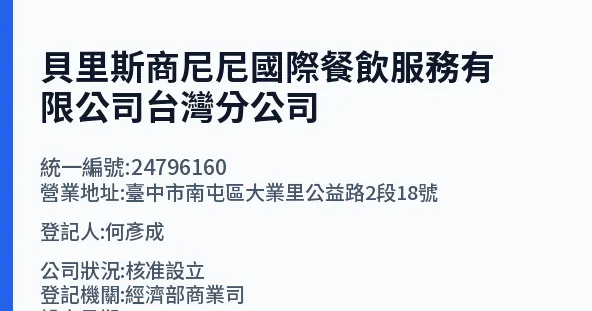 貝里斯商尼尼國際餐飲服務有限公司台灣分公司的照片-統編 24796160(臺中市) 公司登記資料與營業項目詳細圖表