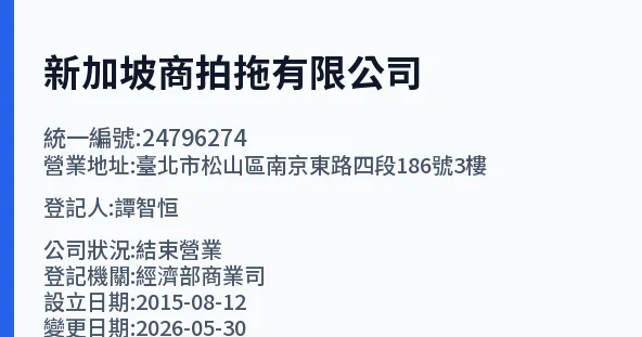 新加坡商拍拖有限公司的照片-統編 24796274(臺北市) 公司登記資料與營業項目詳細圖表