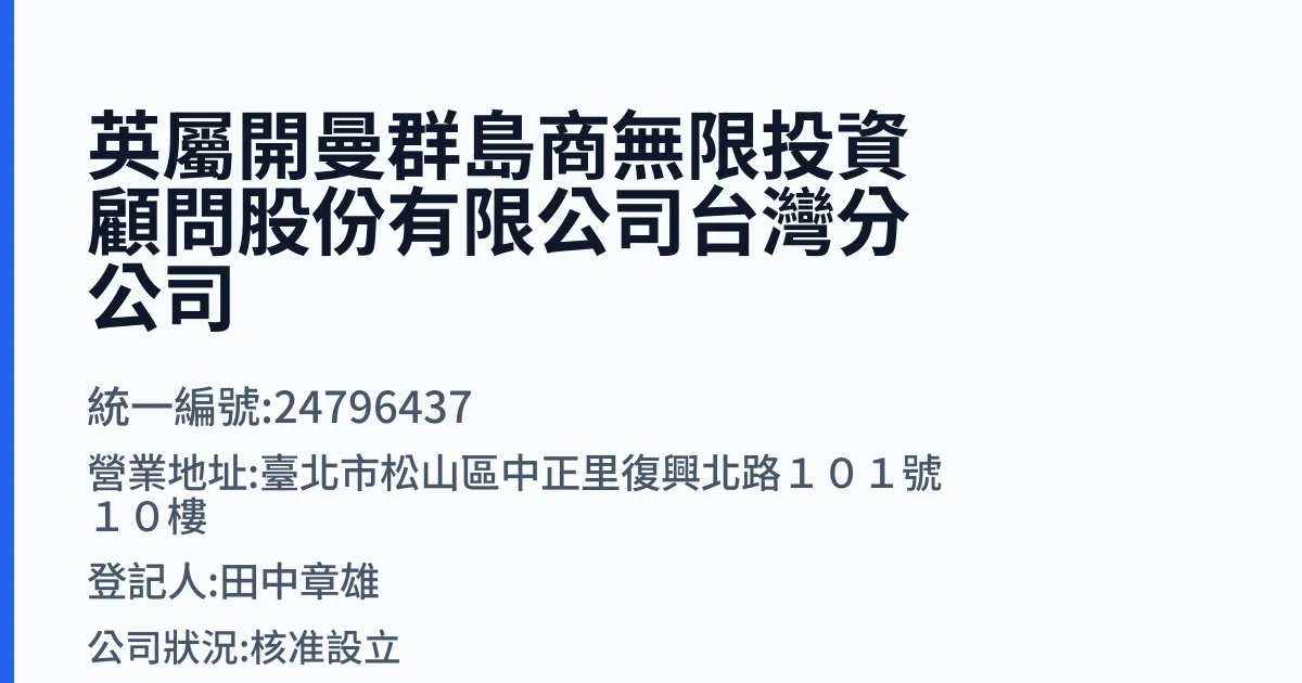 英屬開曼群島商無限投資顧問股份有限公司台灣分公司 - 統編 24796437(臺北市) 公司登記資料與營業項目詳細圖表