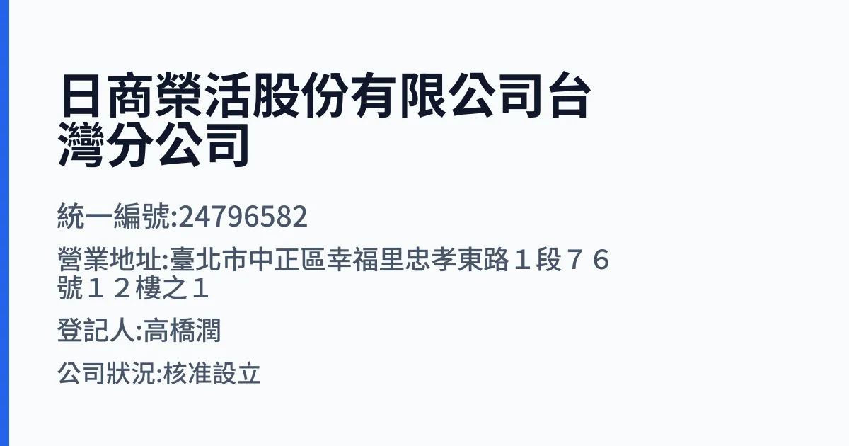 日商榮活股份有限公司台灣分公司 - 統編 24796582(臺北市) 公司登記資料與營業項目詳細圖表