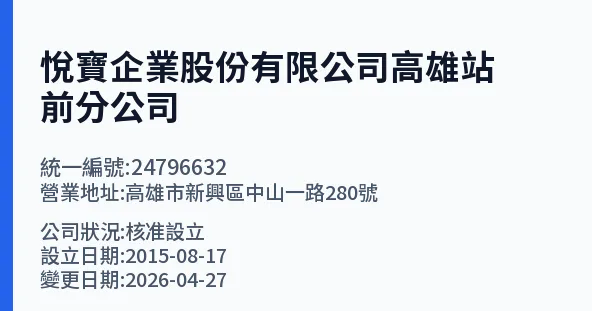 悅寶企業股份有限公司高雄站前分公司的照片-統編 24796632(高雄市) 公司登記資料與營業項目詳細圖表