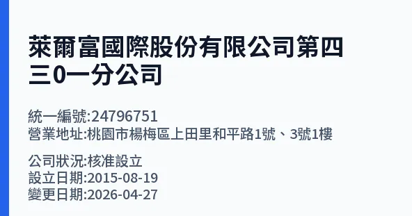 萊爾富國際股份有限公司第四三0一分公司的照片-統編 24796751(桃園市) 公司登記資料與營業項目詳細圖表