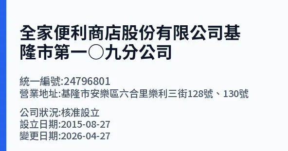 全家便利商店股份有限公司基隆市第一○九分公司的照片-統編 24796801(基隆市) 公司登記資料與營業項目詳細圖表