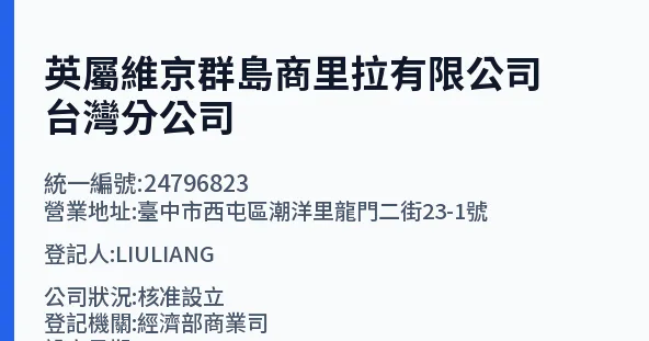 英屬維京群島商里拉有限公司台灣分公司的照片-統編 24796823(臺中市) 公司登記資料與營業項目詳細圖表